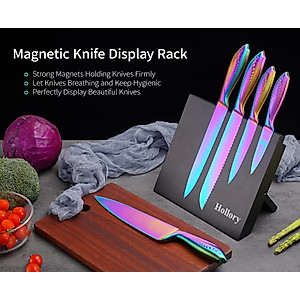 Rainbow Knives Block Set 6 Pieces, Iridescent German High Carbon Stainless Steel Kitchen Knives Pack with Magnetic Knife Display Rack