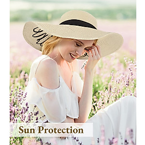 Beach Hats for Women - Foldable Straw Hat Embroidered Wide Brim Floppy Sun Hat UPF 50+, Honeymoon, Travel, Cruise White