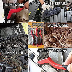 3PCS Small Wire Brushes Set for Cleaning, Include Steel/Nylon/Copper Bristles,Multi-Purpose Brass Brush with Plastic Scraper for Remove Rust Stains,Polished