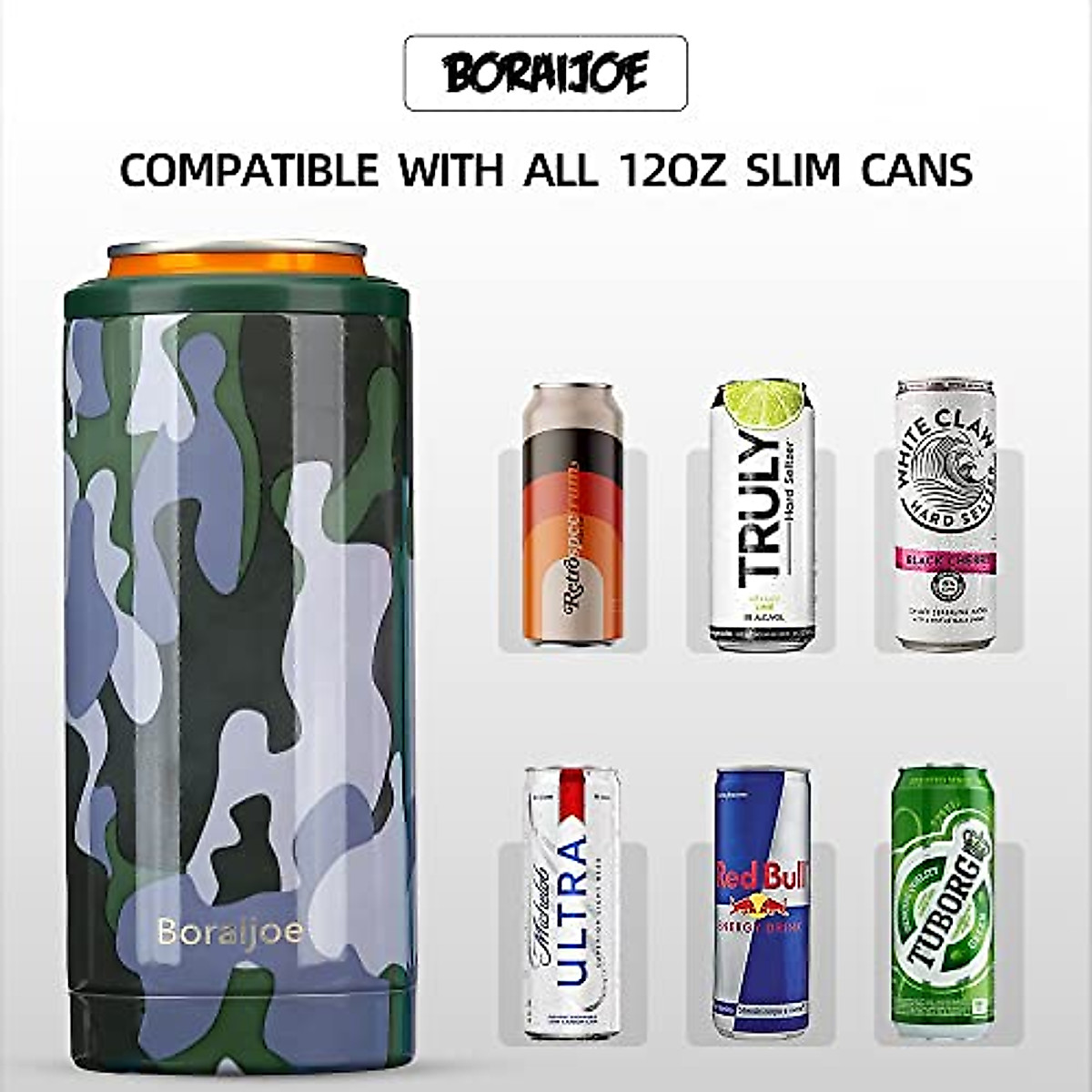 Boraijoe Skinny Can Cooler for Slim Beer and Hard Seltzer,Standard 12oz Sleeve,Double-Walled Stainless Steel Vacuum Insulated Slim Cans - Camo