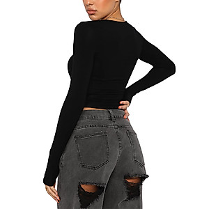 Fernvia Women's Slim Fit Basic Crop Tops Solid Color Casual Long Sleeve Crew Neck Tight Tee Shirts Fall Streetwear (A4-Basic Black, S)