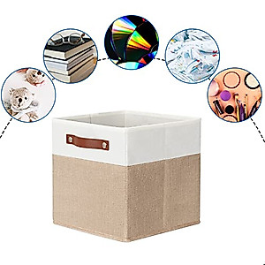 DULLEMELO 11 inch Cube Storage Bins,Fabric Storage Cubes for Organizing,Collapsible Foldable Linen Canvas Closet Storage Bins for Shelves Closet Bedroom Toys Home Office(White&Khaki)