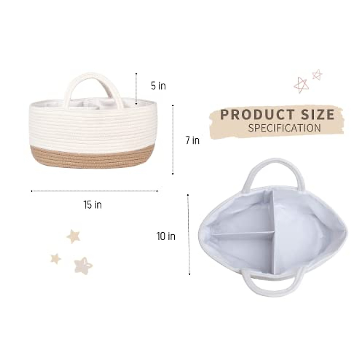 Mila Millie Baby Large Cotton Rope Diaper Caddy | Organizer Storage Bin for Nursery Essentials | Portable Bag for Changing Table and Car | 100% Natural Cotton | Eco friendly (White & Biege) 15.5x10x7 Inch (Pack of 1)