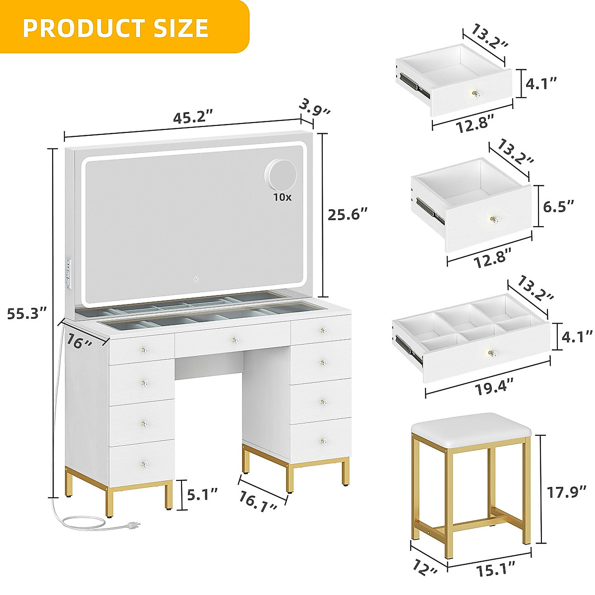 YITAHOME Vanity Desk Set, with XL LED Lighted Mirror Magnifying Glass & Power Outlet, 9 Drawers Makeup Vanities Dressing Table with Stool, White, 47 Inches