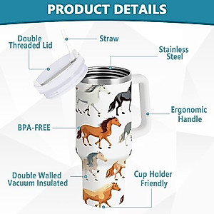 RPLIFE Colorful Horse 40 Oz Tumbler with Handle, Stainless Steel Coffee Tumbler, Insulated Coffee Mug with Lid