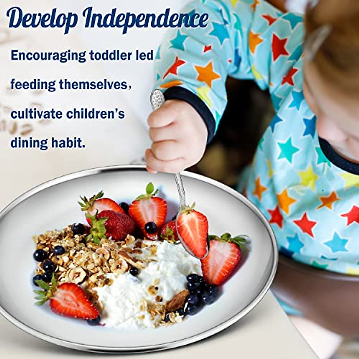 HaWare 6-Piece 18/8 Stainless Steel Plates, Metal 304 Dinner Dishes for Kids Toddlers Children, 9 Inch Feeding Serving Camping Plates, Reusable Dinnerware, Shatterproof & Non-toxic, Dishwasher Safe