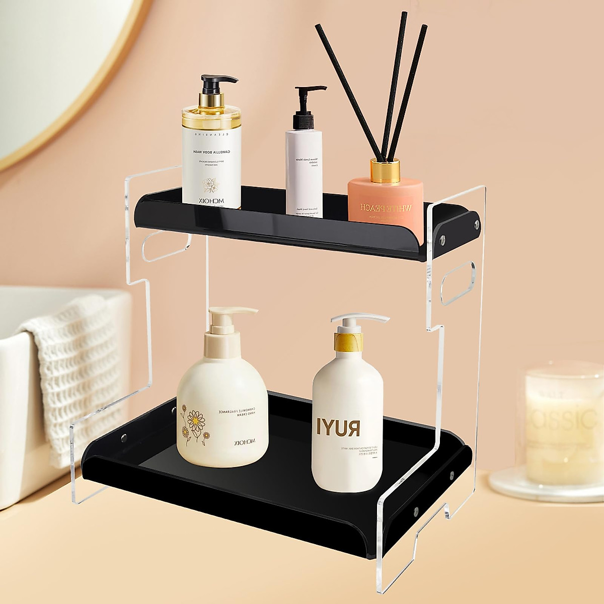 Tasybox Bathroom Organizer Countertop, 2 Tier Vanity Tray, Acrylic Bathroom Counter Shelf, Spice Rack for Kitchen Home Decor Clear & Black