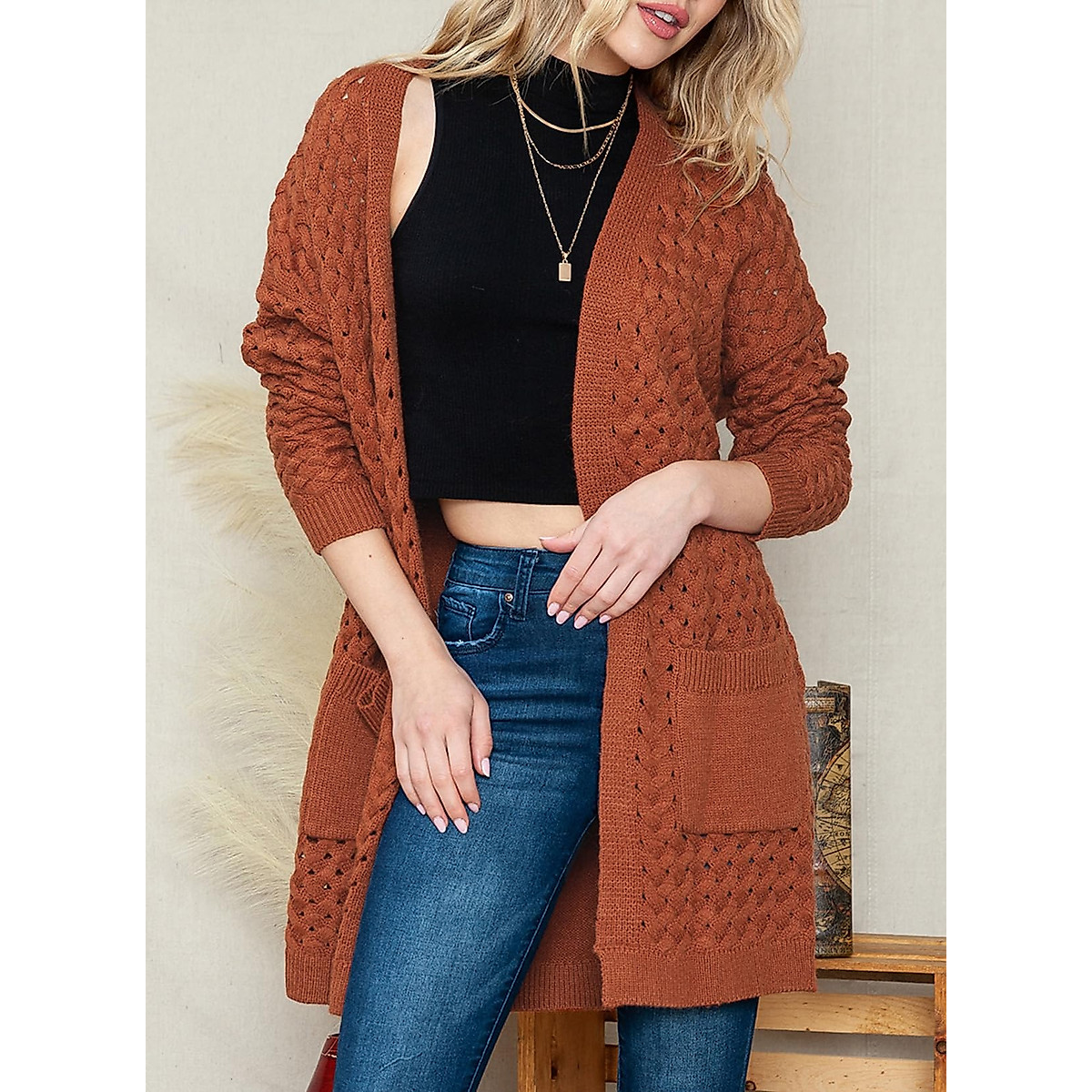 Dokotoo Oversized Cable Knit Cardigan Sweater for Women - Brown, Medium
