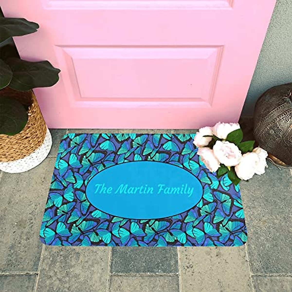 CUXWEOT Tropical Blue Butterflies Pattern Personalized Doormat Text Name Custom Indoor Outdoor Pet Mat Entrance Rugs Home Decor Welcome Door Mats 23.6 x 15.7 Inch