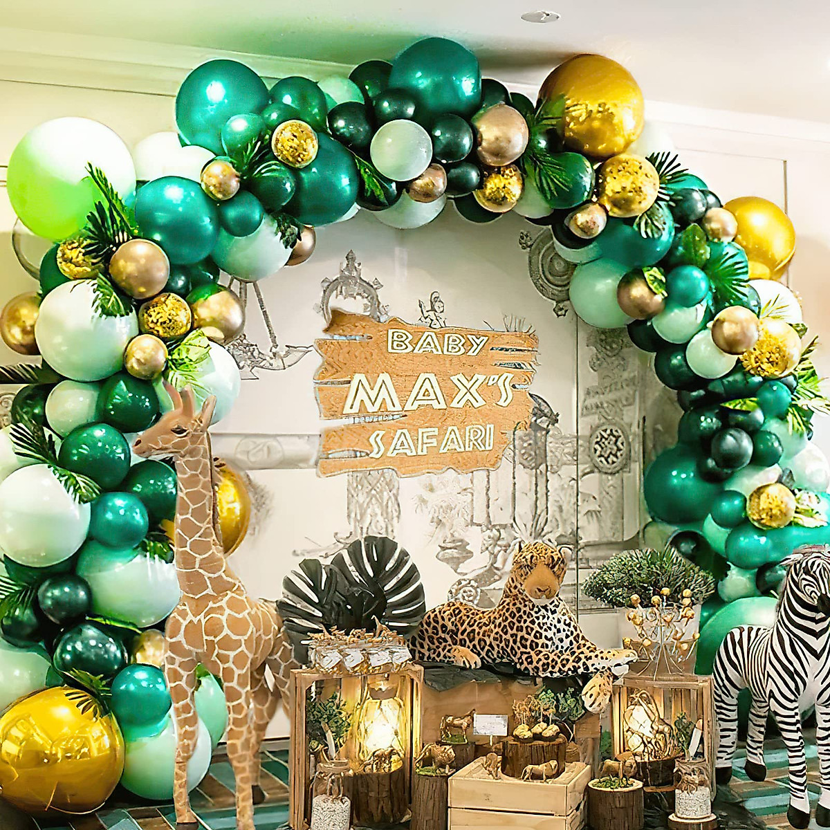 BBeipulas 83Pack Dark Green Gold Balloons 12 Inch Dark Green Metallic Gold and Confetti Balloon for Jungle Safari Birthday Party Decorations