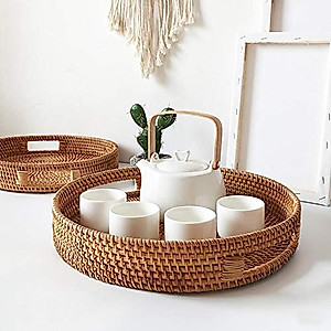 Sziqiqi Rattan Serving Tray Round Woven Decorative Tray for Coffee Table with Handles Display Storage Basket Trays for Fruit Food Drinks Snack Wicker Boho Ottoman Platter