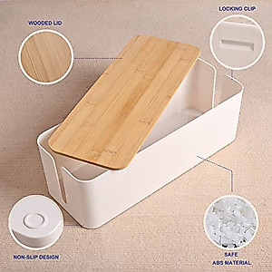 Cable Management Box - Wooden Style Large Cord Organizer Box to Hide Wires & Power Strips | Desk Computer Cable Organizer Box | Safe ABS Material |16" (L) x 6.2" (W) 5.3" (H)|for Home & Office - White