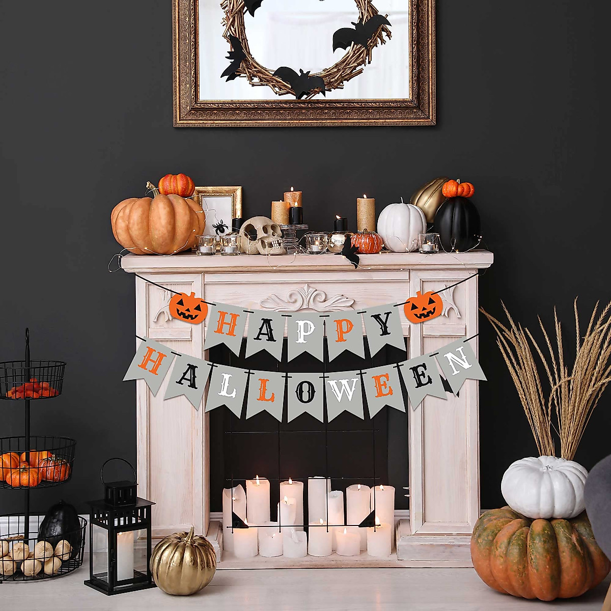 Pre-Strung Happy Halloween Banner - NO DIY - Black Glitter Halloween Banner - Pre-Strung Garland on 8 ft Strand - Pumpkin Jack O'Lantern Halloween Party Decorations & Decor. Did we mention no DIY?