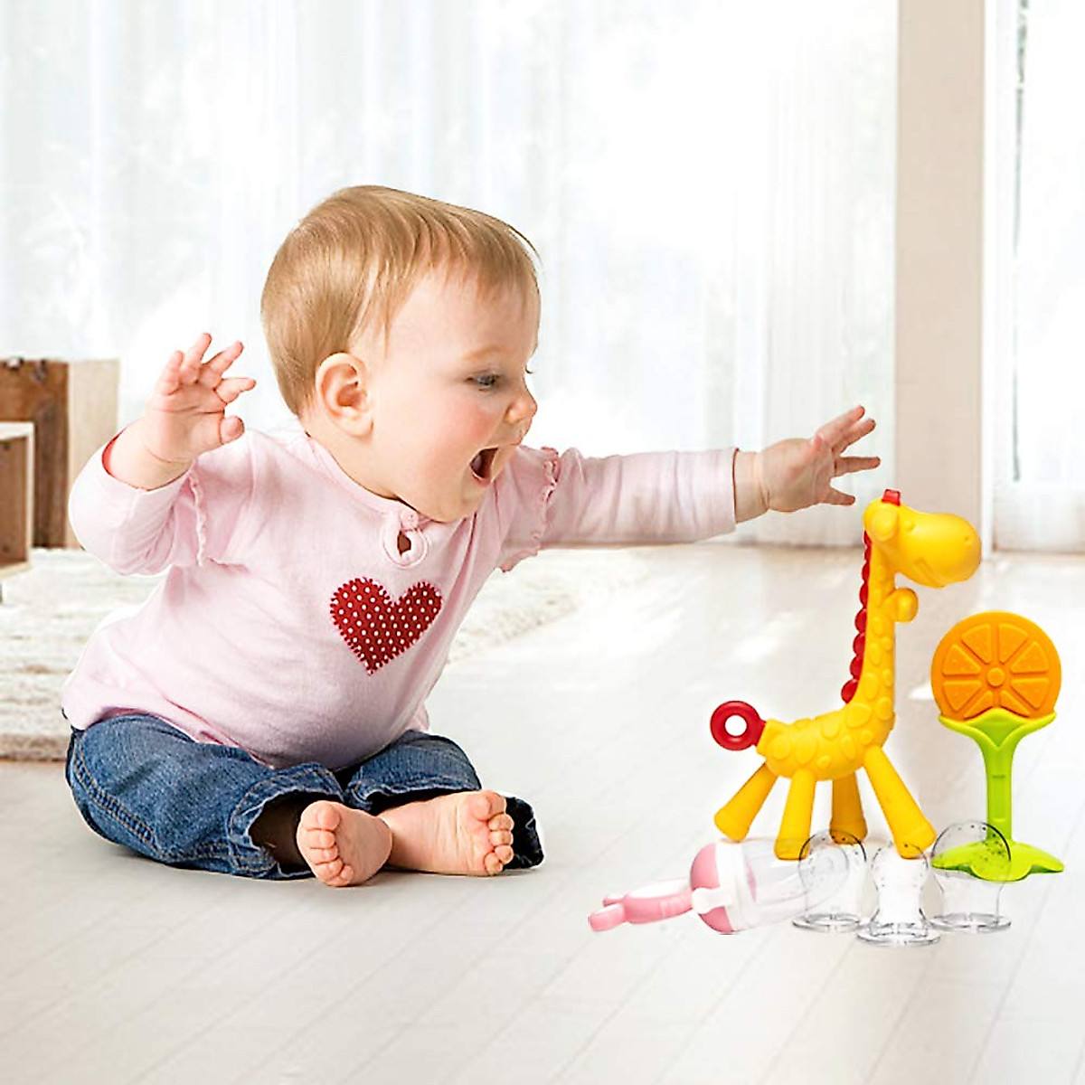 HONGTEYA Teething Toys for Babies 0-6 Months 6-12 Months 6 Pack- 4 Teethers, 2 Fruit Feeders for Newborn Infants BPA Free Natural Organic Freezer Silicone Baby Teethers Set(Pink)