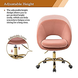 TINA'S HOME Modern Velvet Office Chair with with Adjustable Swivel, Comfy Upholstered Desk Chair with Open Back, Small Cute Chair for Living Room Study Vanity, Pink