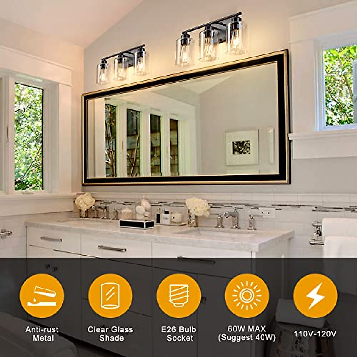 GZDEZCL Bathroom Vanity Light Fixtures, 3-Light Bathroom Wall Light Matte Black Bathroom Wall Lamp Modern Wall Sconce Lighting with Clear Glass Shade for Mirror Bedroom Powder Room Hallway(17.7 Inch)