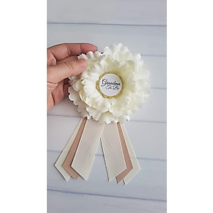Mom To Be Sash and Dad To Be Pin By LMC | Baby Shower Belly Sash and Corsage | USA Handmade | Heat Sealed Ends | Ivory and Beige (Grandma to be pin)