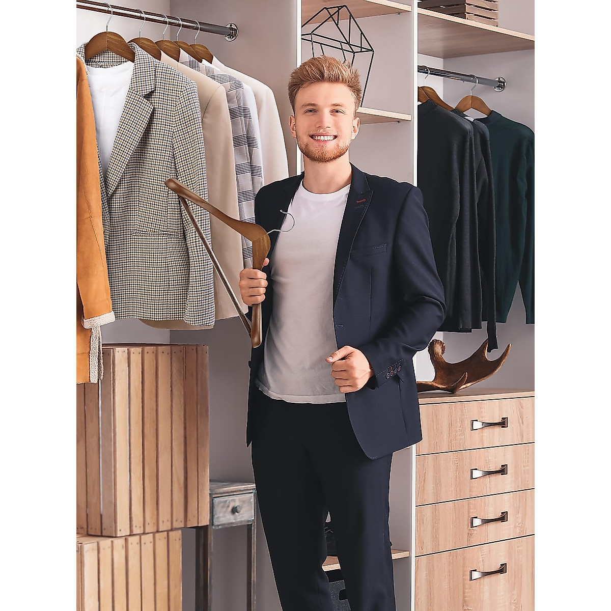 SMARTOR Suit Hangers for Men, 8 Pack - Wide Shoulder Wooden Suit Hangers with Non Slip Pants Holder, Wide Hangers for Suit, Coat, Jacket, Gown, Heavy Duty Wood Suit Hanger - Walnut