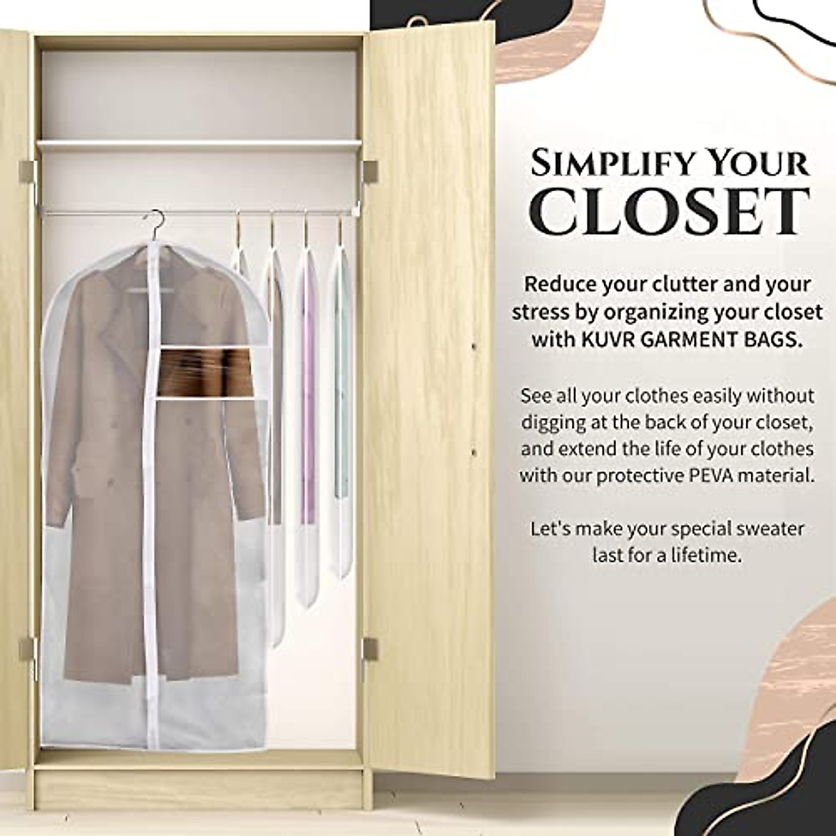 KUVR Clear Plastic Garment Bags for Hanging Clothes, Dress Bag Suit Bags for Closet Storage, Zippered Clothes Cover, Hanging Garment Bags Dance Costumes Clothing Protector - 43"(4 pc) 55"(2 pc) 6 pack