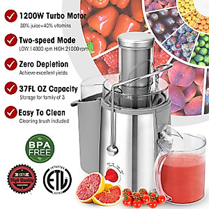 1200W 3 Speeds Centrifugal Juicer Machines Vegetable and Fruit, Regenerate Juice Extractor with Big 3" Wide Mouth, Compact Juice Maker, Easy to Clean, High Juice Yield, BPA Free, Silver