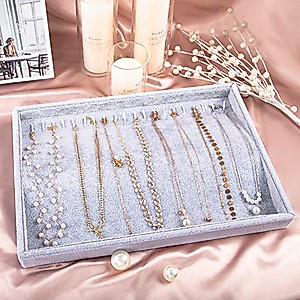 Mebbay Stackable Velvet Jewelry Trays Organizer, Jewelry Storage Display Trays for Drawer, Earring Necklace Bracelet Ring Organizer, Set of 4 (Grey)