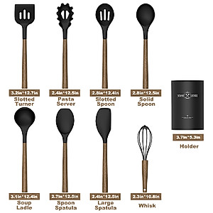 Silicone Kitchen Cooking Utensil Set, 9Pcs Kitchen Utensils Spatula Set with Wooden Handle for Nonstick Cookware, 446°F Heat Resistant Silicone Kitchen Gadgets Utensil Set with Large Holder（Black）