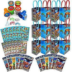 TINYMILLS Monster Truck Birthday Party Assortment Favor Set of 108 pcs (12 Large Party Favor Treat Bags with Handles, 24 Self-Ink Stamps for Kids, 12 Sticker Sheets, 12 Coloring Books , 48 Crayons)