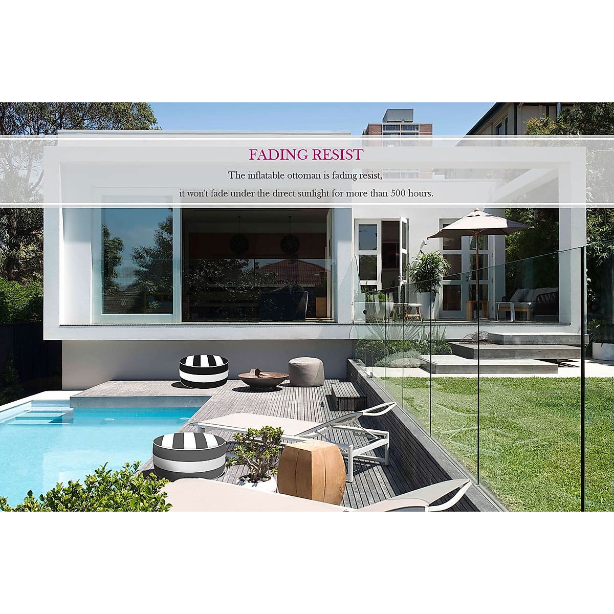 FBTS Prime Inflatable Footstool Ottoman Black Stripe Round 21x9 Inch Patio Foot Stools and Ottomans Portable Footrest