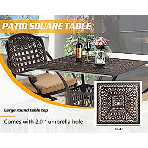 USSerenaY 5-Piece Outdoor Dining Set Cast Aluminum Patio Furniture Set All-Weather 4 Chairs and Dining Table with Umbrella Hole for Garden, Backyard (Braided+Khaki Cushion, Square Table)