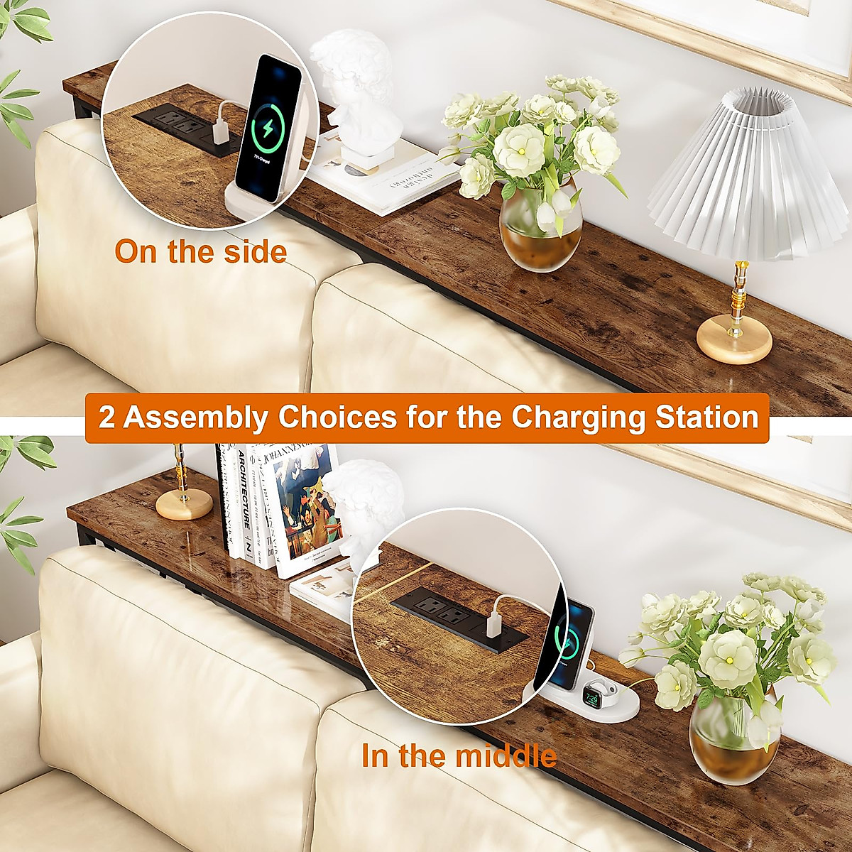 SUPERJARE 70.9 Inch Console Table with 2 Outlet and 2 USB Ports, Extra Long Entryway Table with Metal Frame and X-Shaped Design, Narrow Sofa Table for Living Room and Hallway - Vintage Brown