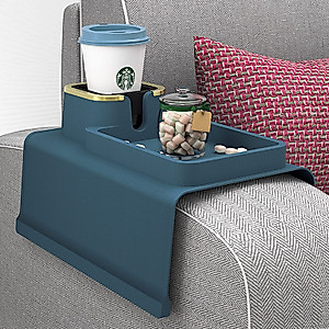 BOUTICOL Couch Tray Sofa Arm Cup Holder Tray Coaster Holder Silicone Anti-Spill and Anti-Slip Armrest Cup Holder Suit for Armchair, Sofa, Recliner, Couch Remote Control and Phone Organizer (Blue)