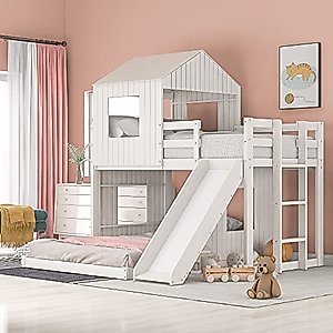 Merax House Shaped Solid Wood Bunk Bed with Roof, Window, Guardrail and Ladder for Kids, Teens, Girl or Boys