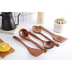 Wooden Spoons for Cooking, Tmkit Cooking Utensils Set of 6 Natural Teak Wooden Cooking Spatulas with Utensils Holder Comfort Grip Wooden Kitchen Utensils for Nonstick Cookware