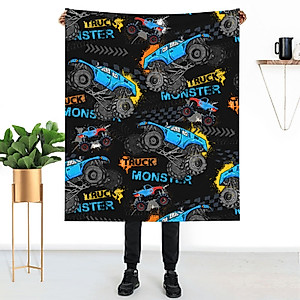 Monster Cartoon Truck Throw Blanket Car Gift for Boys Kids Bedding Room Decor Flannel Blankets Microfiber Soft Warm for Couch Sofa Bed Livingroom Beach Travel 50"x40"