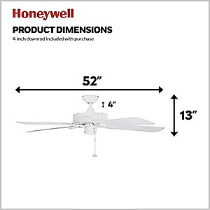 Honeywell Ceiling Fans Belmar, 52 Inch Traditional Indoor Outdoor LED Ceiling Fan with No Light, Pull Chain, Three Mounting Options, ETL Wet Rated, Reversible Motor - 50198-01 (White)