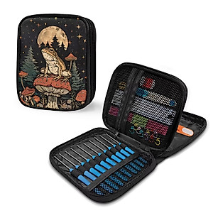 Hudotybom Crochet Hook Case Mushroom Frog Crochet Hook Holder Portable Crochet Hook Storage Bag with Web Pockets Suitable for Crochet Needles/Knitting Accessories
