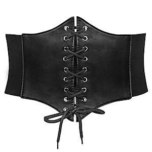 JASGOOD Women’s Elastic Costume Waist Belt Lace-up Tied Waspie Corset Belts for Women, Black,Fits Waist 27-30 Inches