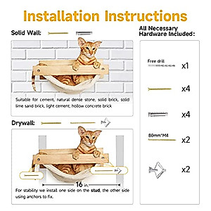 FUKUMARU Cat Hammock Wall Mounted, Kitty Beds and Perches, Wooden Cat Wall Furniture, Stable Cat Wall Shelves for Sleeping, Playing, Climbing, and Lounging, White Flannel Cat Shelves