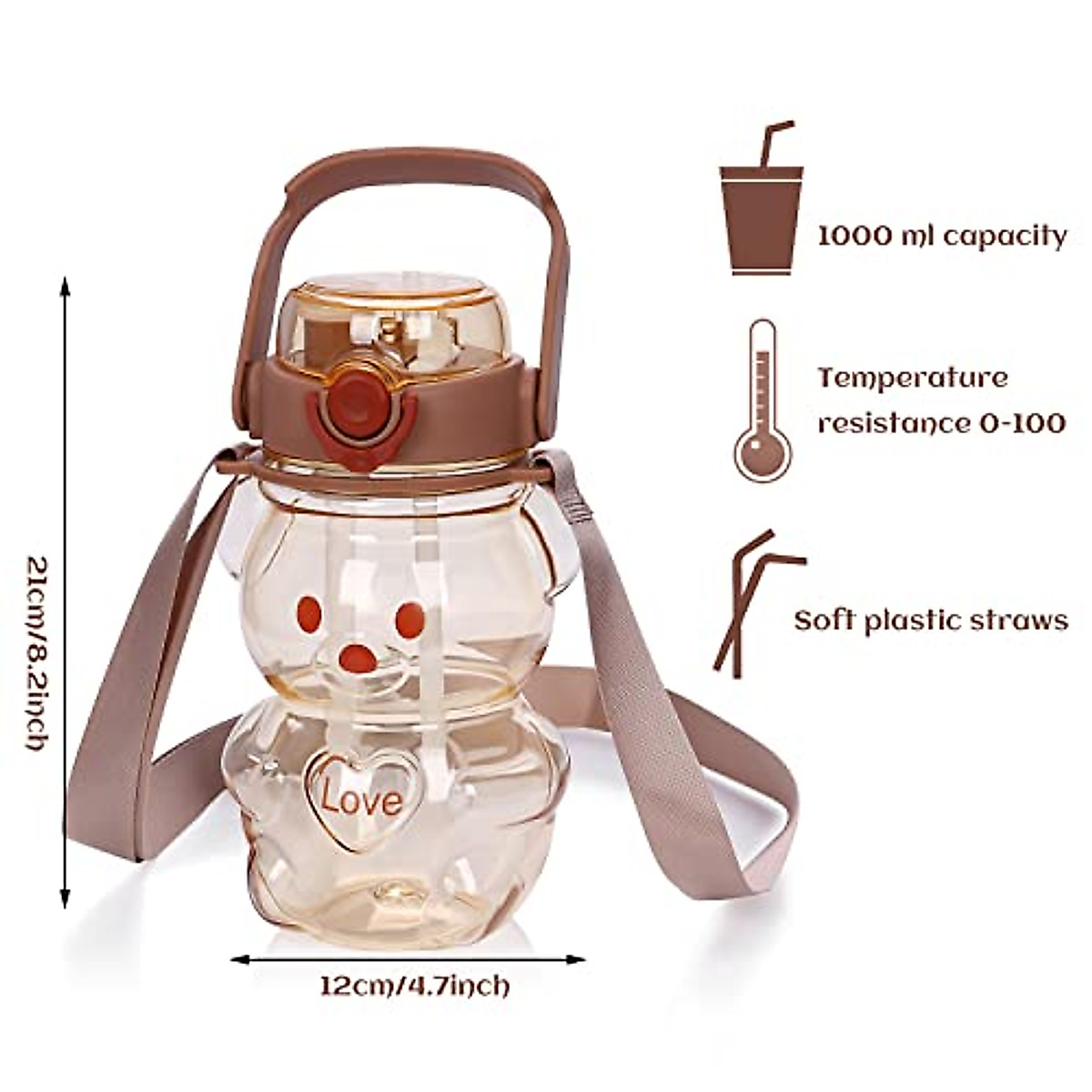 Kawaii Bear Straw Water Bottles Love Large Water Cups Strap for Kids Girls Gifts School Sports Daily Life Milk Tea Juice Travel Drinking Bottled Water Cute Portable Leakproof (Brown)