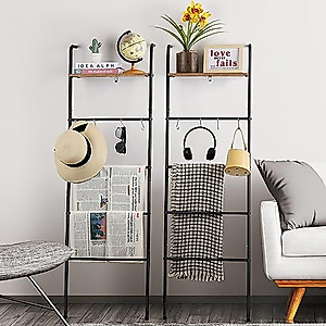 2 Pack Blanket Ladder Shelf, 5-Tier Pool Towel Rack Outdoor with Hooks, Wall-Leaning Decorative Blanket Holder, Farmhouse Blanket Storage for Living Room, Bedroom, Bathroom