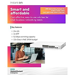 HPE Networking Instant On Switch Series 1830 24-Port Gb Smart-Managed Layer 2 Ethernet Switch with PoE | 24x 1G | 2X SFP | 12x CL4 PoE (195W) | Fan-Less | US Cord (JL813A#ABA)