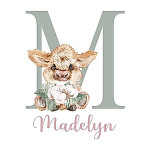 Personalized Watercolor Highland Cow Sage Green and Dusty Rose Rustic Cotton Farmhouse Baby Nursery Unframed Print