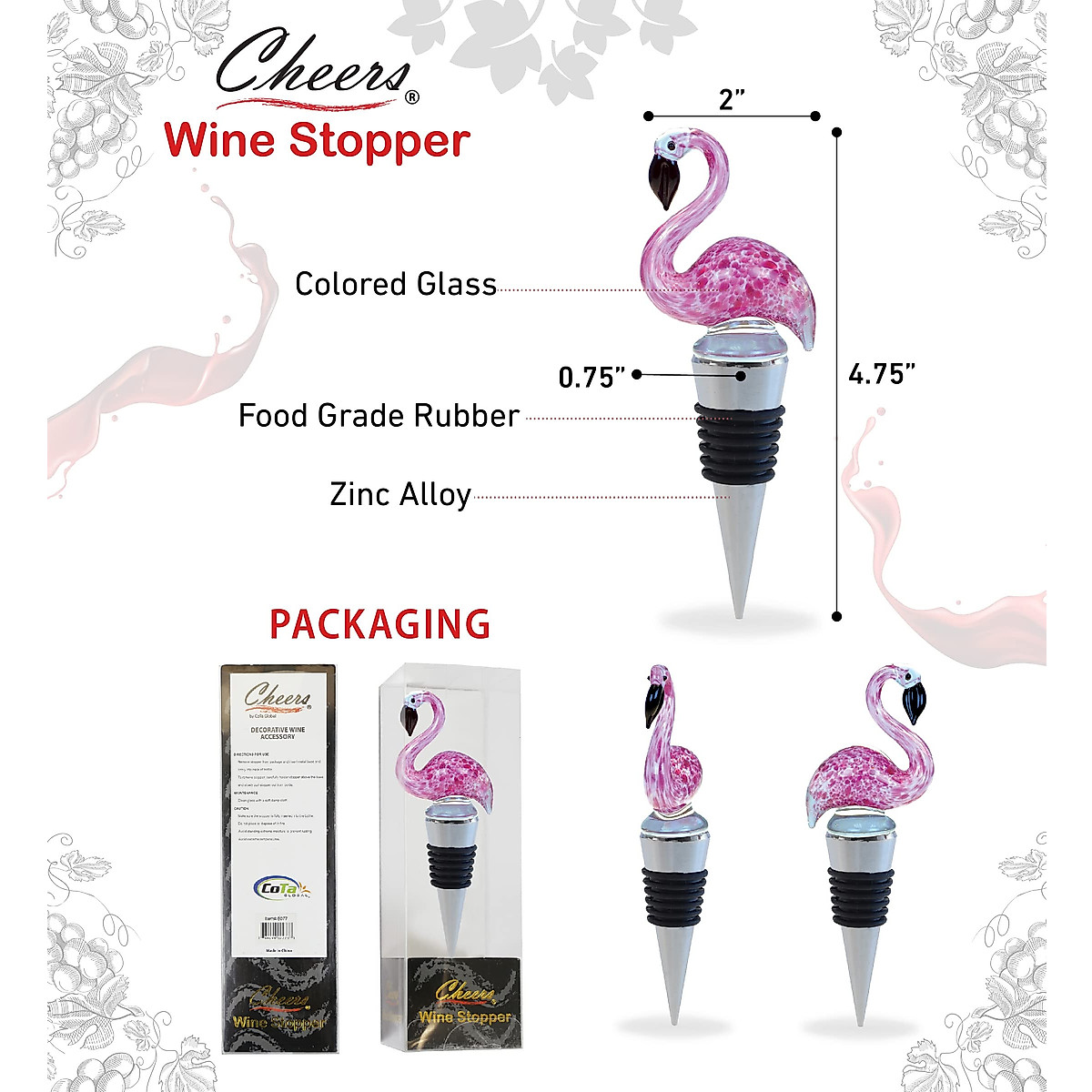 Cheers Flamingo Glass Wine Stopper – Elegant Vacuum Seal Reusable Zoo Animal Bird Wine Bottle Stopper – Airtight Leak Proof Bottle Topper Cork Plug – Cute Home Decor & Bar Tool Accessory Gift