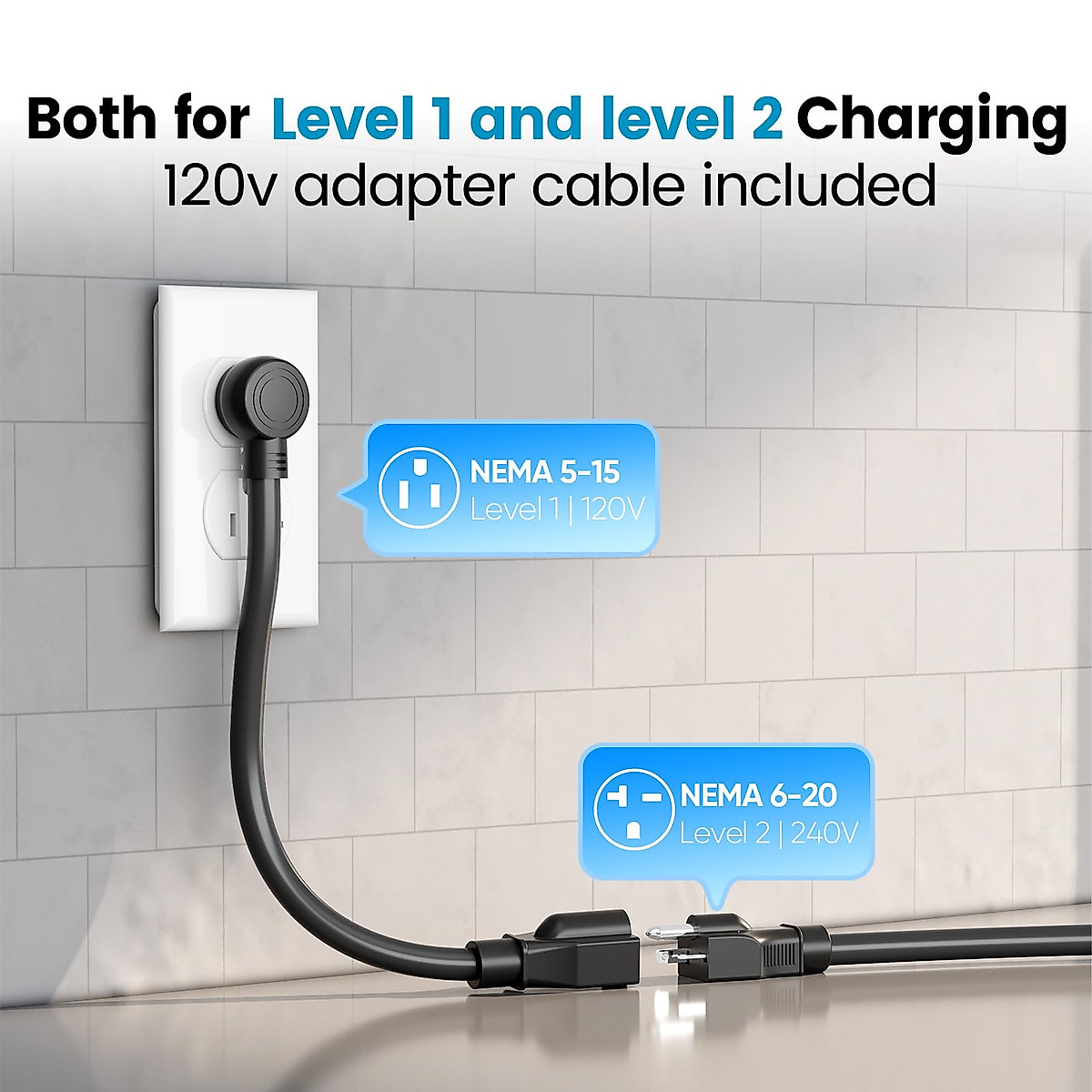 GODIAG Level 1+2 EV Charger - ETL Certified, 16Amp, 110V-240V, 20ft Cable, Portable Electric Car Charger for J1772 EVs with NEMA 6-20 & NEMA 5-15 Plug