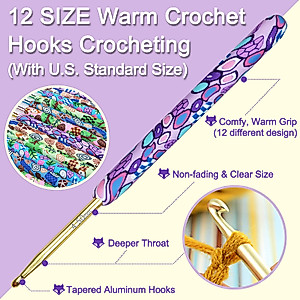 Coopay Warm Crochet Hooks Crocheting, Extra Long Crochet Hook Set for Arthritic Hands, 2.25mm to 8.0mm, 12 pcs Crochet Kit Ergonomic Grips for DIY Craft Yarn, Animal Pattern