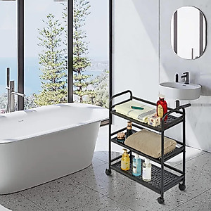 GYCZYCX 3-Tier Mesh Metal Rolling Cart,Multipurpose Heavy Duty Cart,Multipurpose Storage Rack,Utility Cart,High Capacity Cart with Locking Wheels (Black)