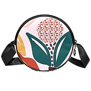 Abstract Modern Organic Shapes Floral Pattern Crossbody Bag for Women Teen Girls Round Canvas Shoulder Bag Purse Tote Handbag Bag