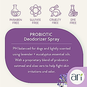 Ari Probiotic Deodorizer Spray for Dogs (8 oz) – Lavender & Eucalyptus Scent – pH-Balanced, Long-Lasting Freshness, Sulfate-Free, Gentle for All Breeds