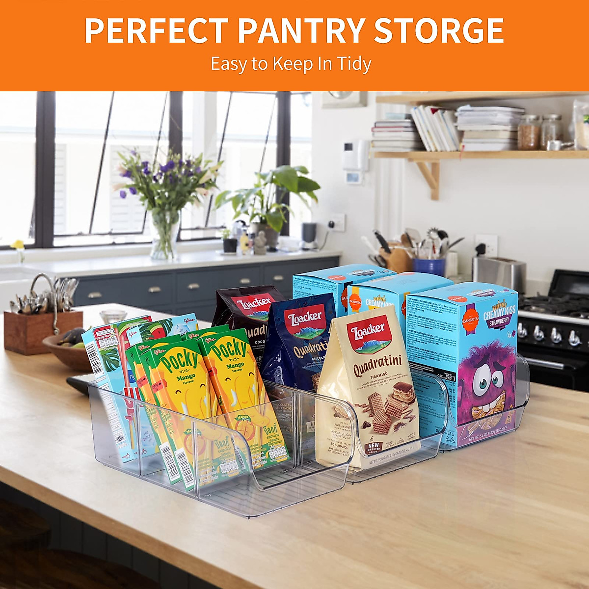 GESTONE 4 Pack Pantry Snack Organizer, Pantry Organization and Storage, Pantry Organizer Bins for Snacks, Pouches, Packets, Stackable Snack Organizers for Fridge, Kitchen, Cabinets, Table, Bedroom