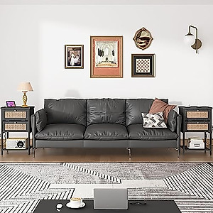 End Table with Charging Station, 2 Tier Rattan Decorated Nightstand with USB Ports and Outlets, Bedside Table with Drawer, Black Modern Sofa Side Table for Bedroom, Living Room, Office